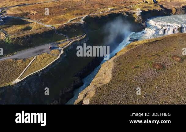 Aerial view of the Gullfoss falls - waterfall in Iceland Stock Video ...