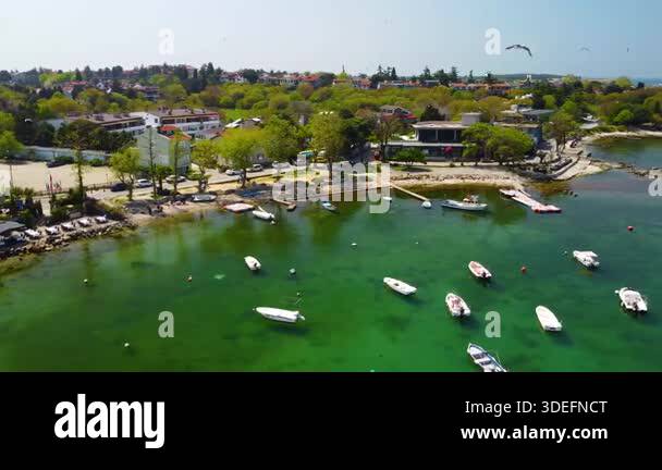 Aerial view of Tuzla coast from the sea. Istanbul skyline. Drone ...