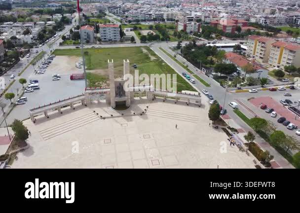 Aerial view of Didim town square. City center drone shot. Drone footage ...