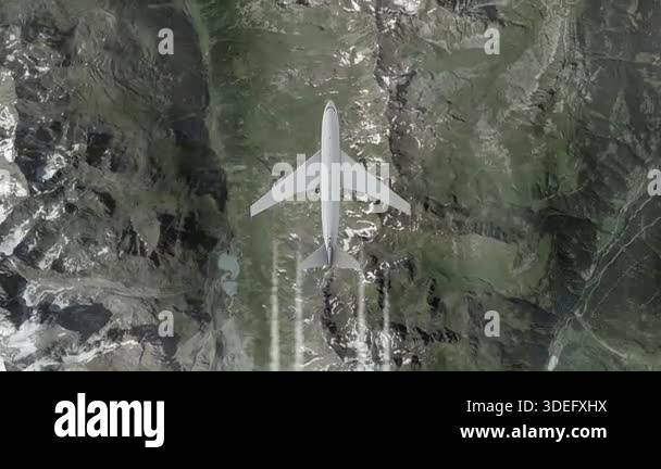 An airplane travels through the sky, flying above a rugged landscape ...