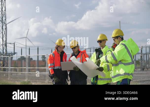 Engineers working on site in electricity substation. Technician wearing ...