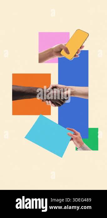 Loop animation. Modern collage of handshake smartphone and business ...