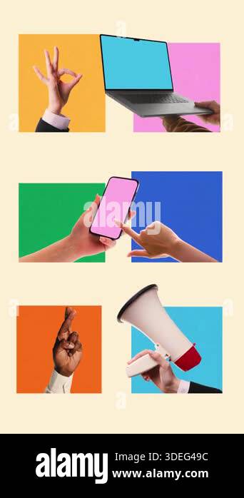 Creative video ad. Bright collage of digital devices gestures and ...