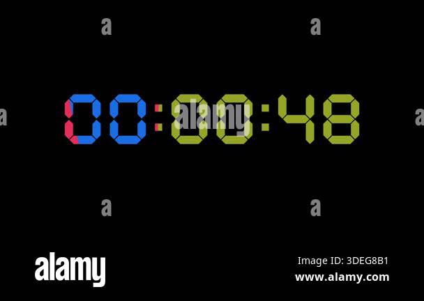 Digital clock timer countdown one minute colorful segments dark ...