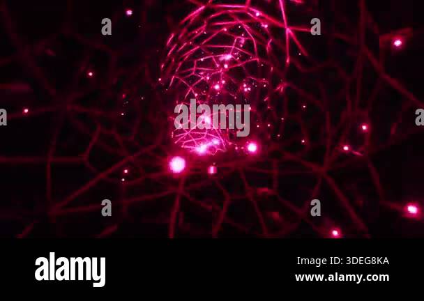 Infinite futuristic glowing tunnel. Flying neon particles through grid ...