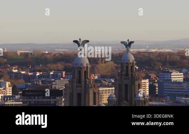 Aerial sunrise view of Liverpool, UK, with the Royal Liver Building ...