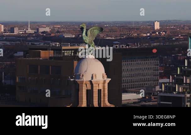 Aerial sunrise in Liverpool shows Liver Bird statues on Royal Liver ...
