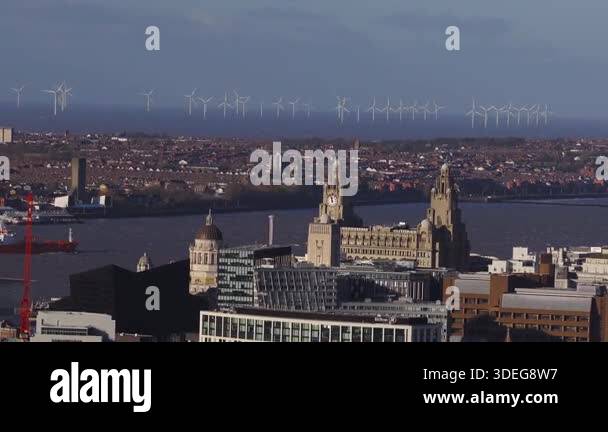 Aerial sunrise view of Liverpool waterfront with Royal Liver Building ...