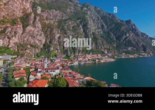 Aerial view of picturesque Limone sul Garda on Lake Garda with summer ...