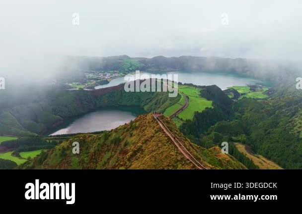 Aerial view of the beautiful lake Lagoa das Sete Cidades in a giant ...
