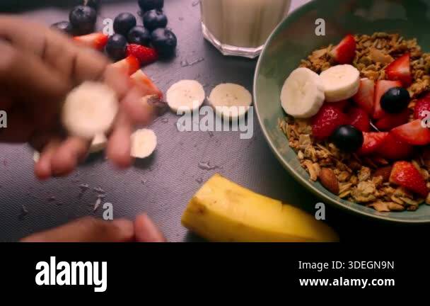 Person hands preparing morning breakfast muesli cereal Stock Video ...
