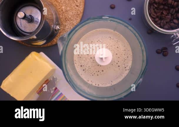 Flat lay 90 degree person making delicious coffee with butter Stock ...