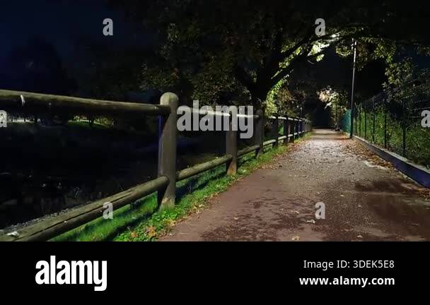 Wide pedestrian pathway with wooden railing and street lighting at ...