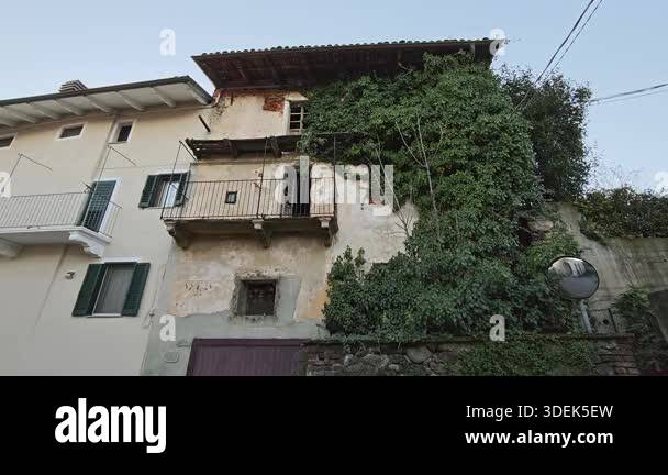 Old weathered residential building overgrown with ivy in northern Italy ...