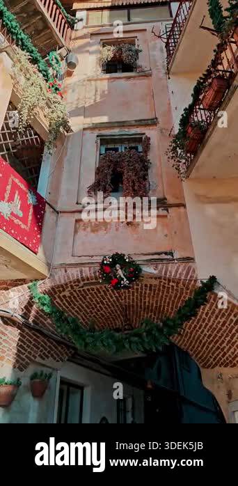 Historic facade with balcony and tiled roof decorated with green ...