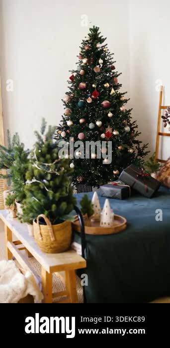 Decorated evergreen trees with ornaments sit on a wooden bench near ...