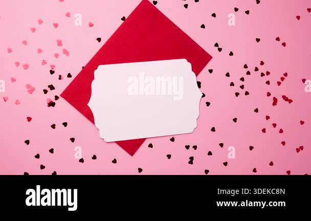Romantic red envelope and blank card with heart confetti for Valentine ...