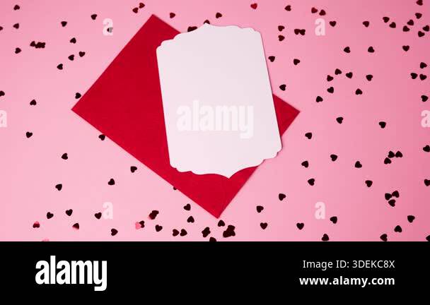 Elegant pink background with scattered hearts, red envelope and blank ...