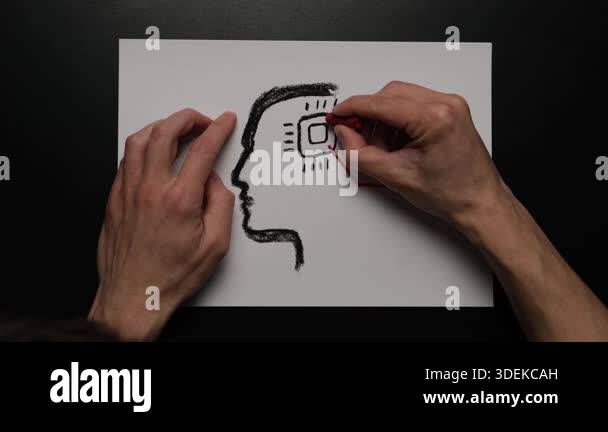 Hand drawn human profile with AI processor and data connections ...