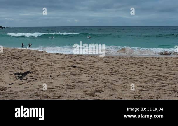 cloudy shoreline with surfers and choppy waves. High quality 4k footage ...