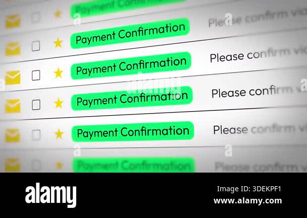 Payment confirmation email notification scrolling 4k animation close up ...
