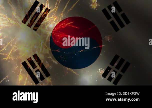 South Korea celebration concept 4k animation with firework and waving ...