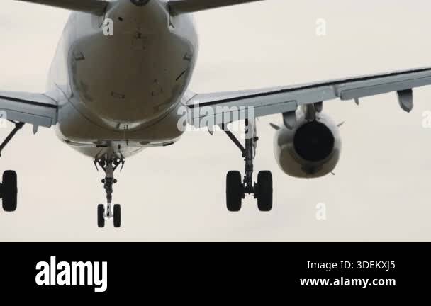 Commercial aircraft landing and braking, slowing down, rear view. Jet ...