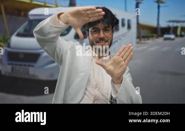 Young man with beard wearing glasses and white jacket gesturing with ...