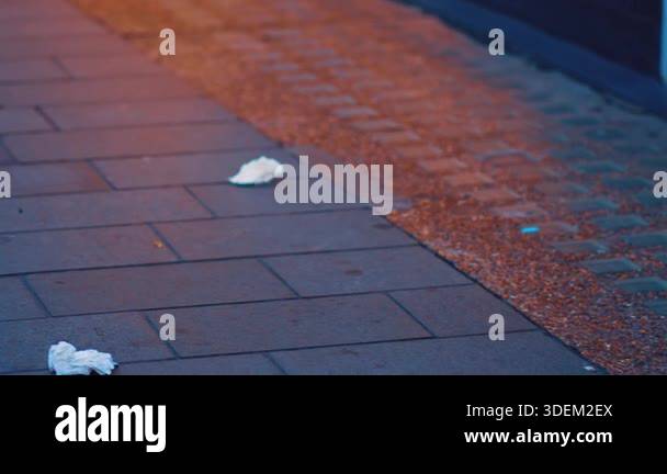 Loose tissue flying across sidewalk carried by evening wind. Crumpled ...