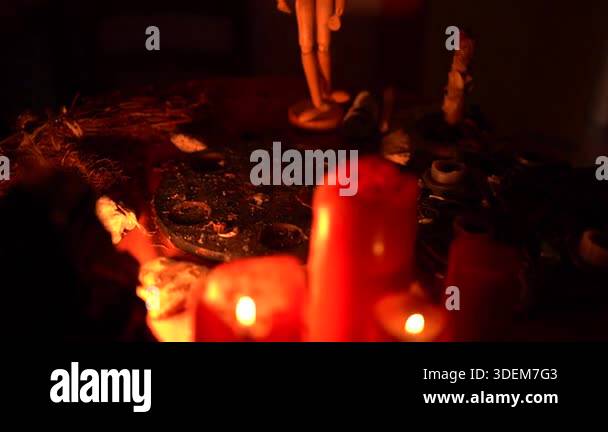 Esoteric ritual table with burning candles, mystical atmosphere, occult ...