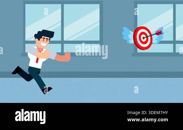 A cartoon illustration of a businessman running after a flying target ...