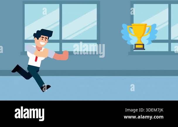 A cartoon illustration of a businessman running after a flying trophy ...