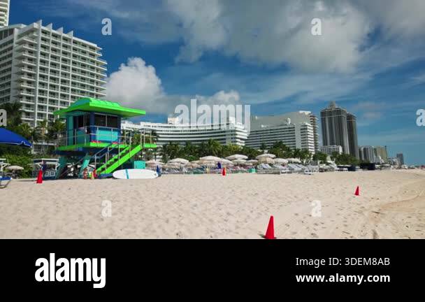 Beautiful view of Miami Beach sandy coast with lifeguard tower and ...