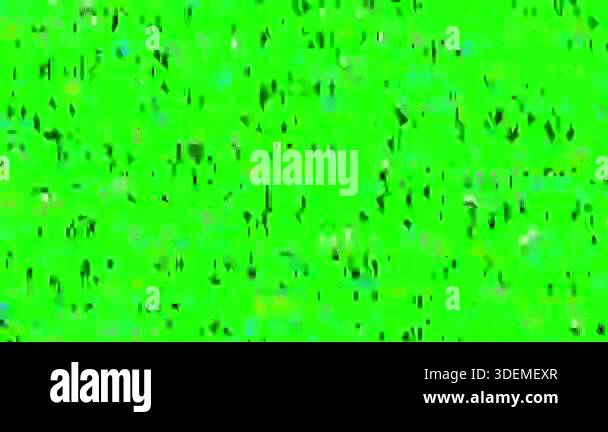 A vibrant green screen background with glitch effects, including ...