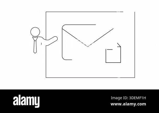 Stick figure presents an email icon document displayed in a framed ...