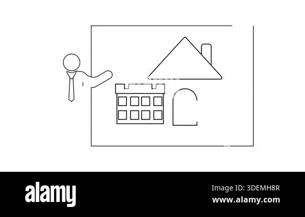 A simple line drawing depicting a real estate agent presenting a ...