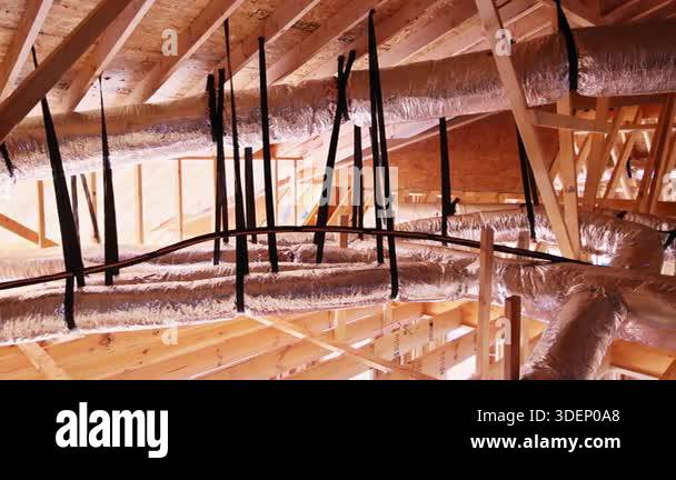 Workers are busy installing ductwork in attic ceiling of building under ...
