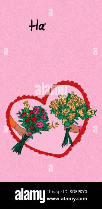 Happy Valentines card with hand holding bouquet of red roses framed by ...
