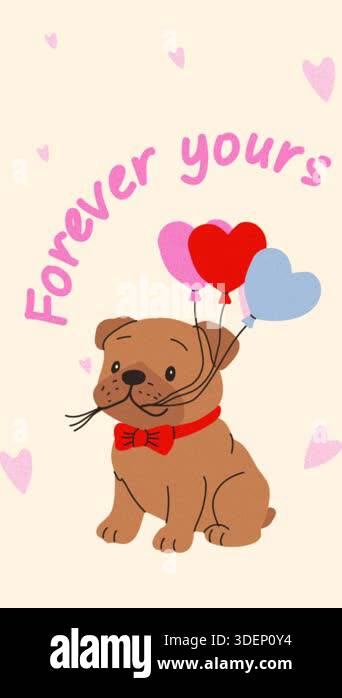 Loop animation of a cartoon dog holding balloons and a Forever Yours ...