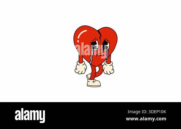 Emotional cartoon heart with tears and sad face. Walking Loop Animation ...