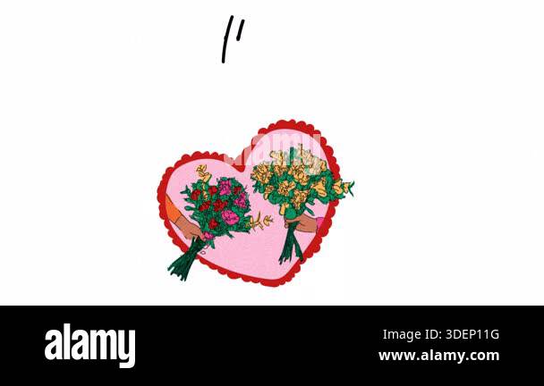 Happy Valentines card with hand holding bouquet of red roses framed by ...