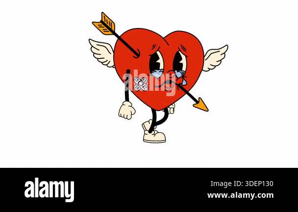 Heart with sad face, bandages, and tears, cartoon character. Walking ...