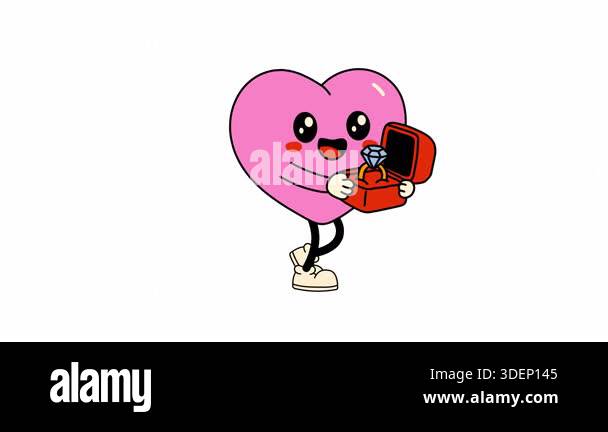 Cartoon groovy heart holding a ring box in walking loop animation Stock ...