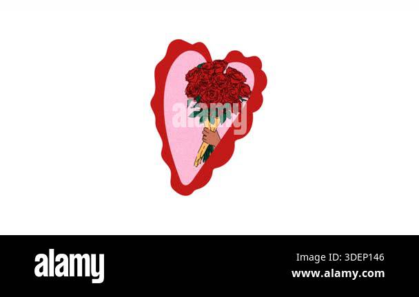 Beautiful bouquet of red roses wrapped in pink paper with ribbon. Loop ...