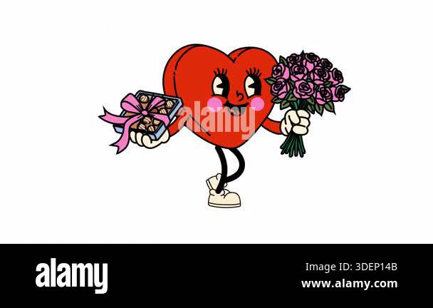 Cute heart character with flowers and chocolates. Walking Loop ...