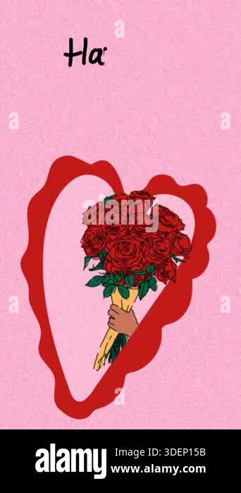 Valentines Day card with hand and red roses framed by heart. Loop ...