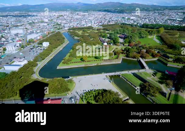 High angle view of Hakodate city from Goryokaku Tower. It shows the ...