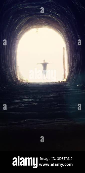 Vertical video. A Man Runs into the Dark Tunnel from the Blinding Light ...