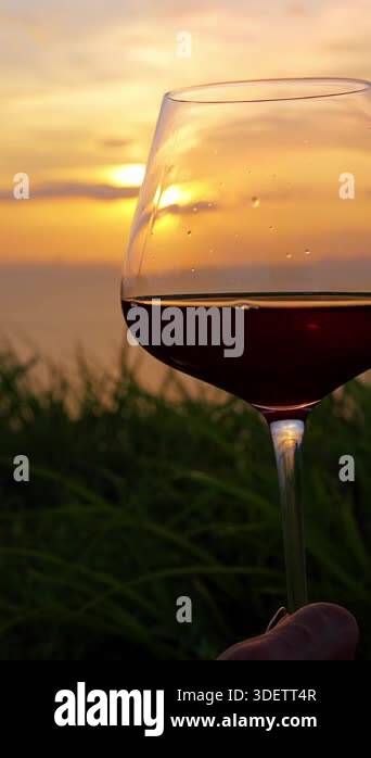 Vertical video. Hand Holding Glass of Red Wine Facing Ocean Horizon at ...