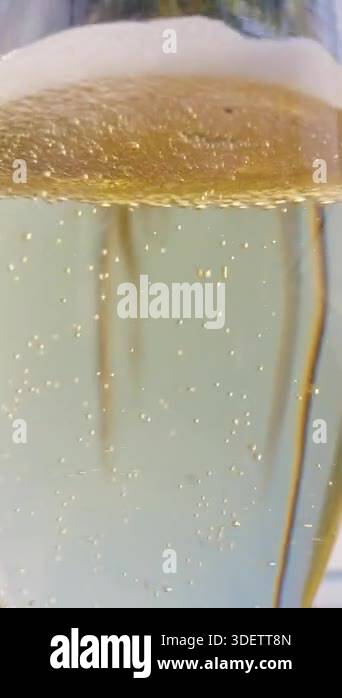 Vertical video. Macro Shot of Champagne Glass with Golden Bubbles ...